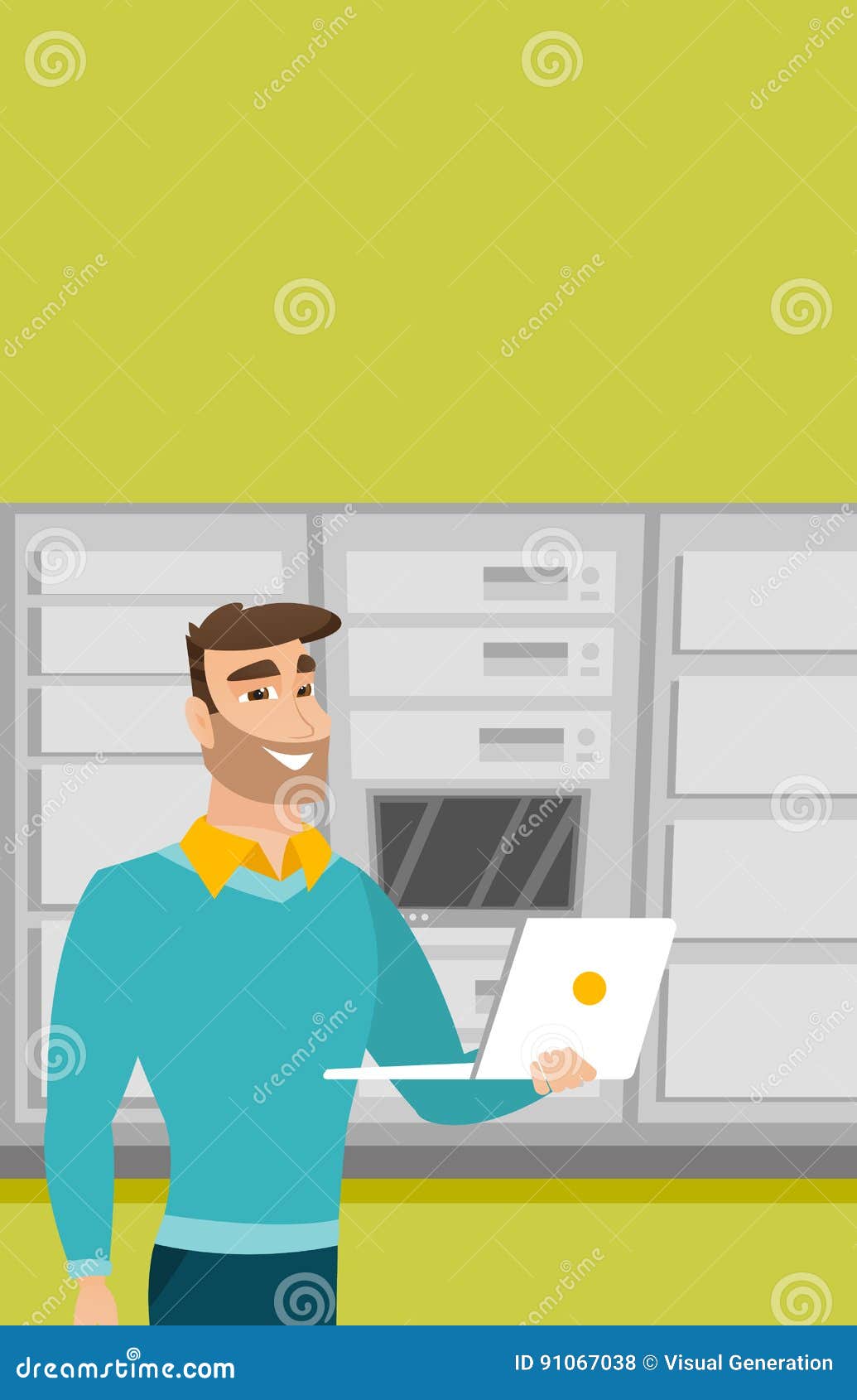 Engineer Working on Laptop in Network Server Room. Stock Vector ...