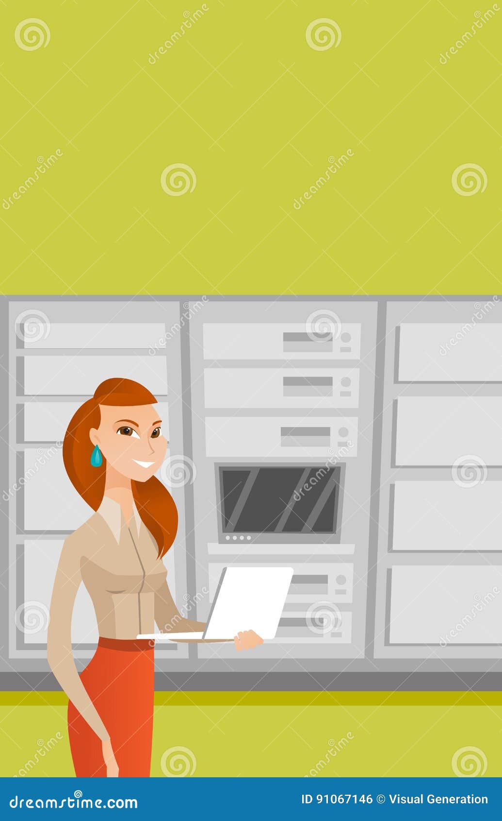 Engineer Working on Laptop in Network Server Room. Stock Vector ...