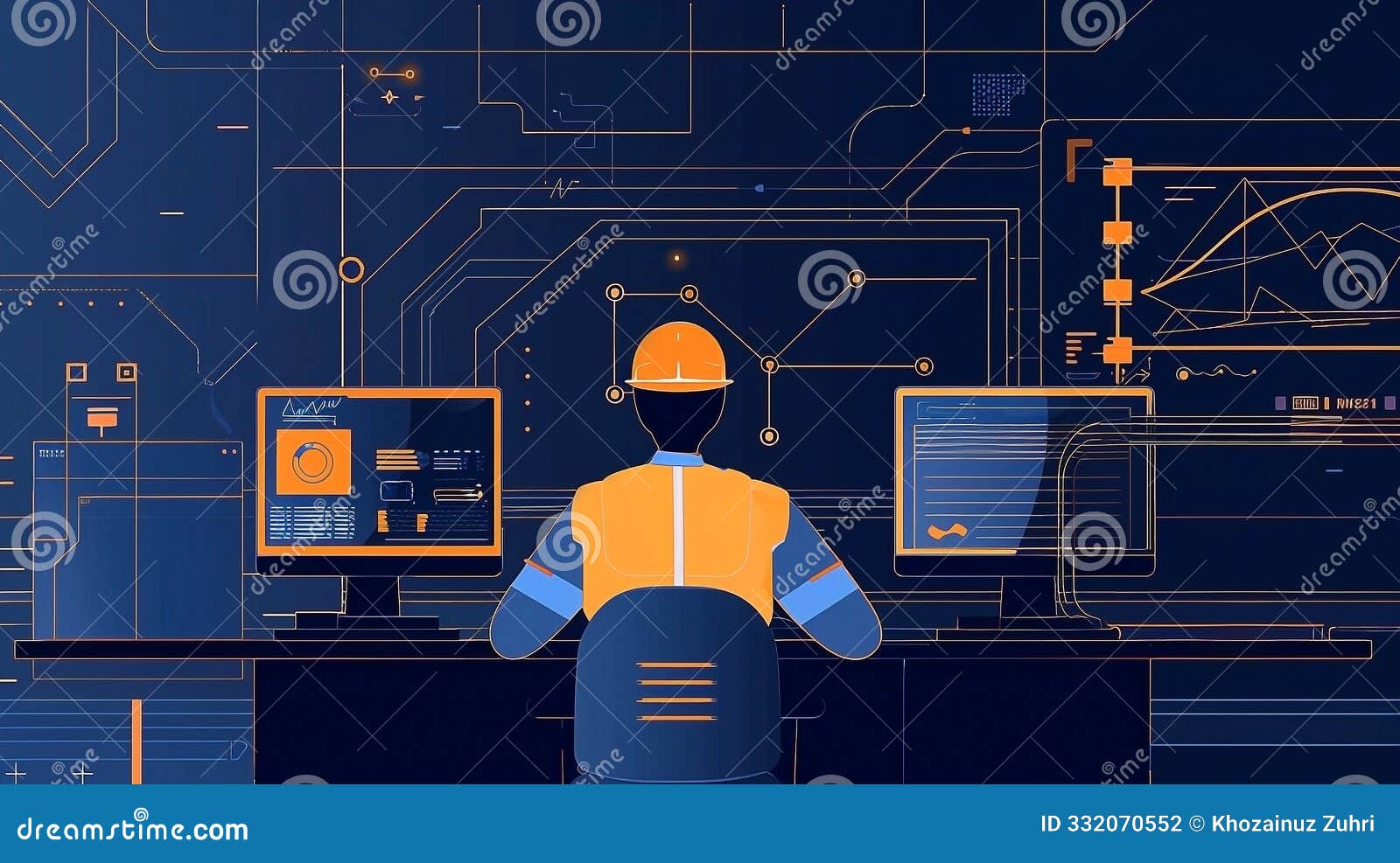 An Engineer Working on Multiple Computer Screens, Showing Management ...