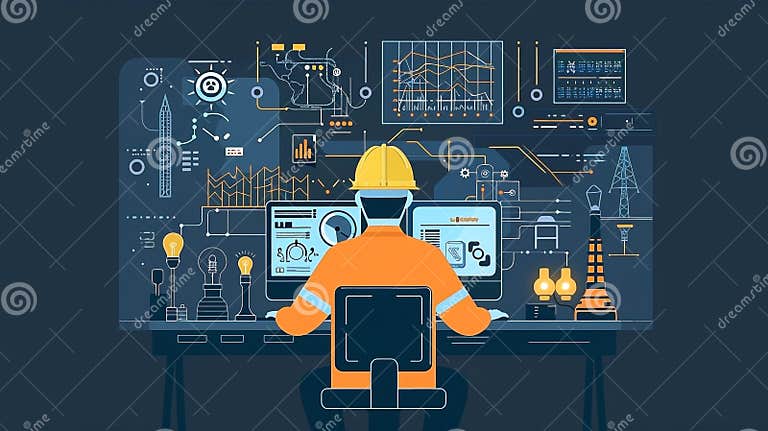 An Engineer Working on Multiple Computer Screens, Showing Management ...