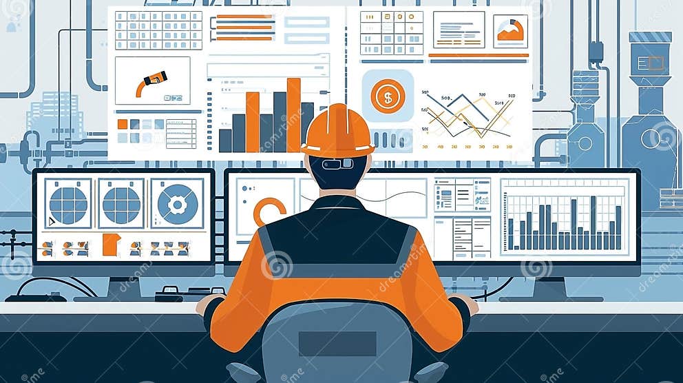 An Engineer Working on Multiple Computer Screens, Showing Management Software and Data ...