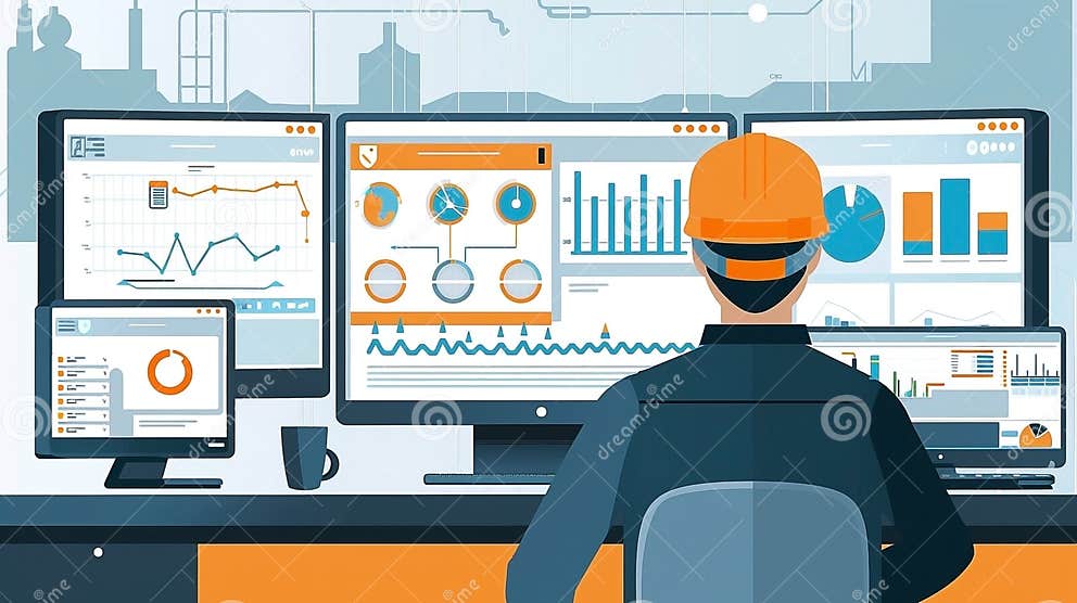 An Engineer Working on Multiple Computer Screens, Showing Management ...