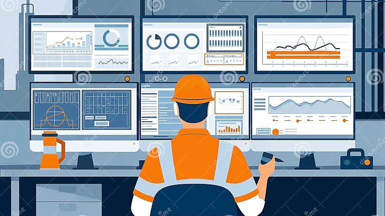 An Engineer Working on Multiple Computer Screens, Showing Management ...