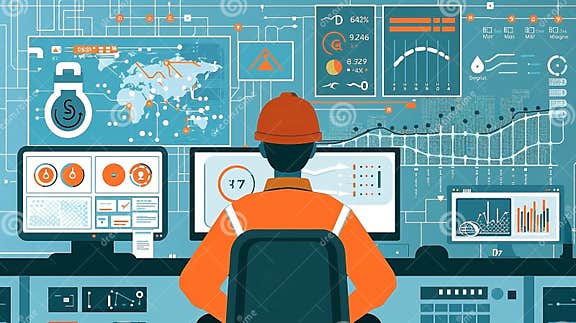 An Engineer Working on Multiple Computer Screens, Showing Management ...