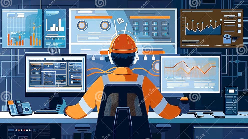 An Engineer Working on Multiple Computer Screens, Showing Management ...