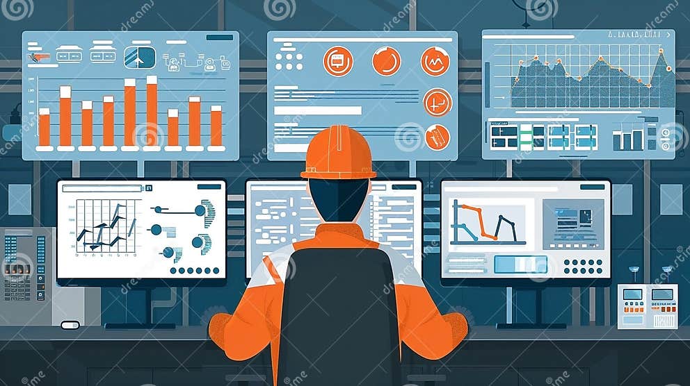 An Engineer Working on Multiple Computer Screens, Showing Management Software and Data ...