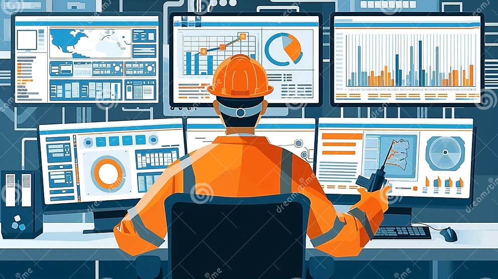 An Engineer Working on Multiple Computer Screens, Showing Management ...