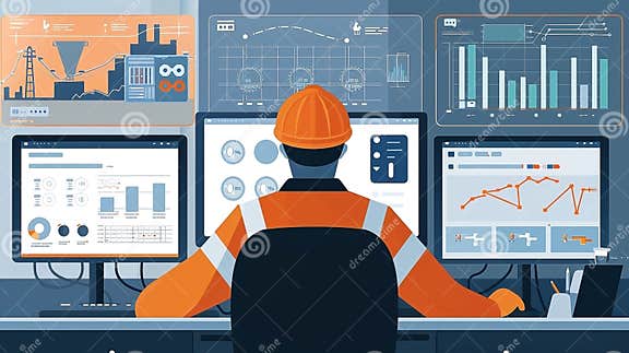 An Engineer Working on Multiple Computer Screens, Showing Management ...