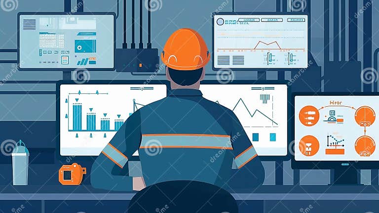 An Engineer Working on Multiple Computer Screens, Showing Management ...