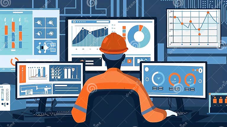 An Engineer Working on Multiple Computer Screens, Showing Management ...