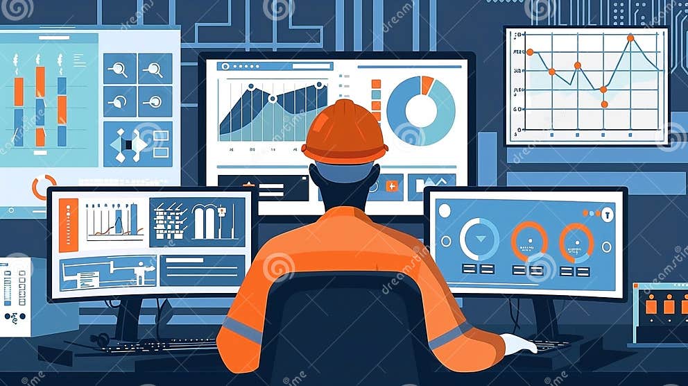 An Engineer Working on Multiple Computer Screens, Showing Management ...