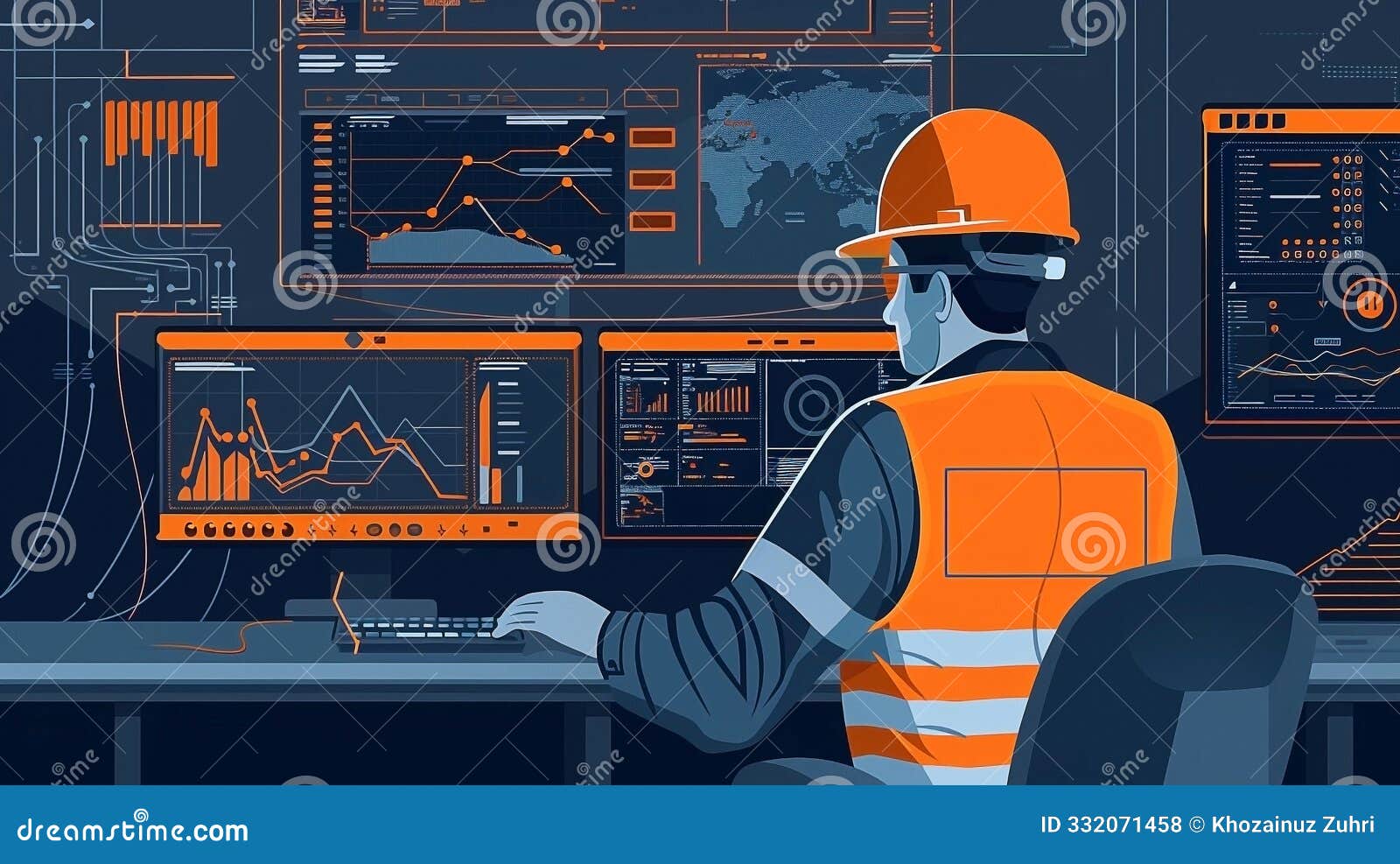 An Engineer Working on Multiple Computer Screens, Showing Management ...