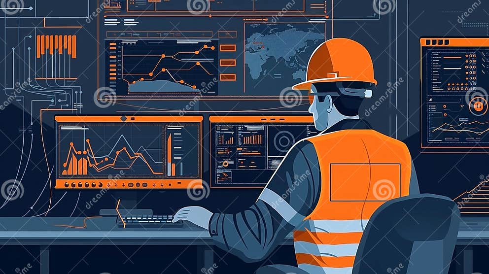 An Engineer Working on Multiple Computer Screens, Showing Management ...