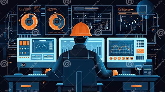 An Engineer Working on Multiple Computer Screens, Showing Management ...