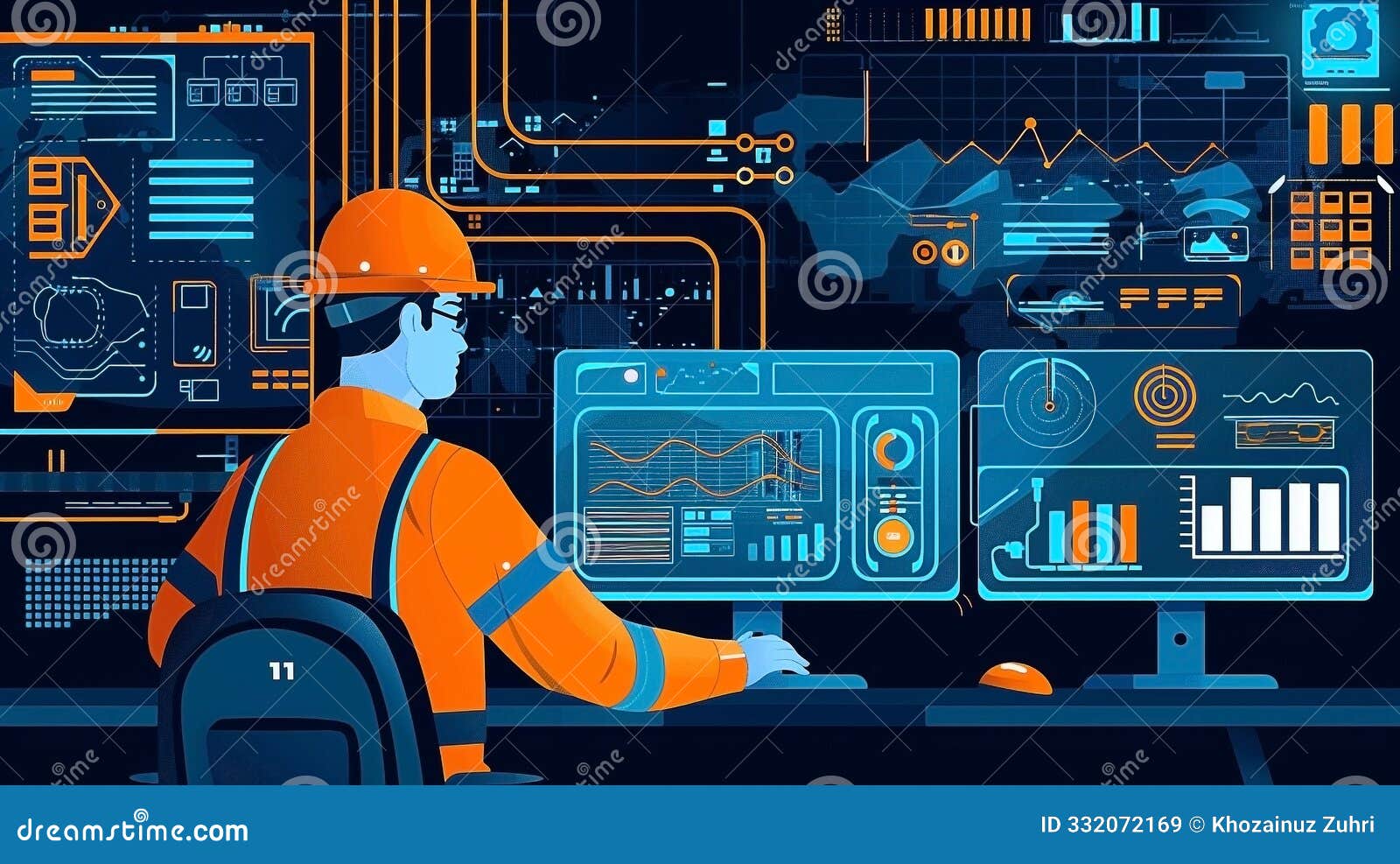 An Engineer Working on Multiple Computer Screens, Showing Management ...