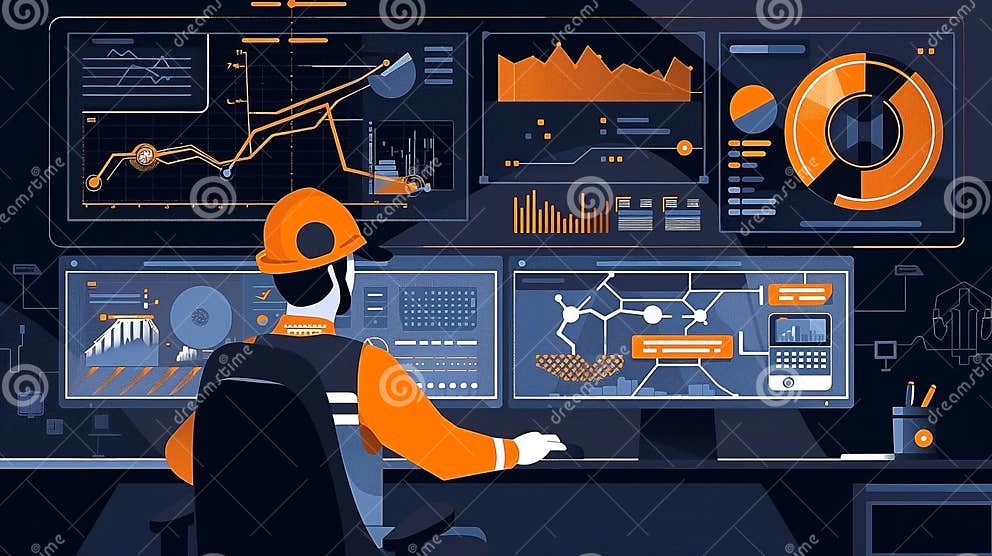 An Engineer Working on Multiple Computer Screens, Showing Management ...