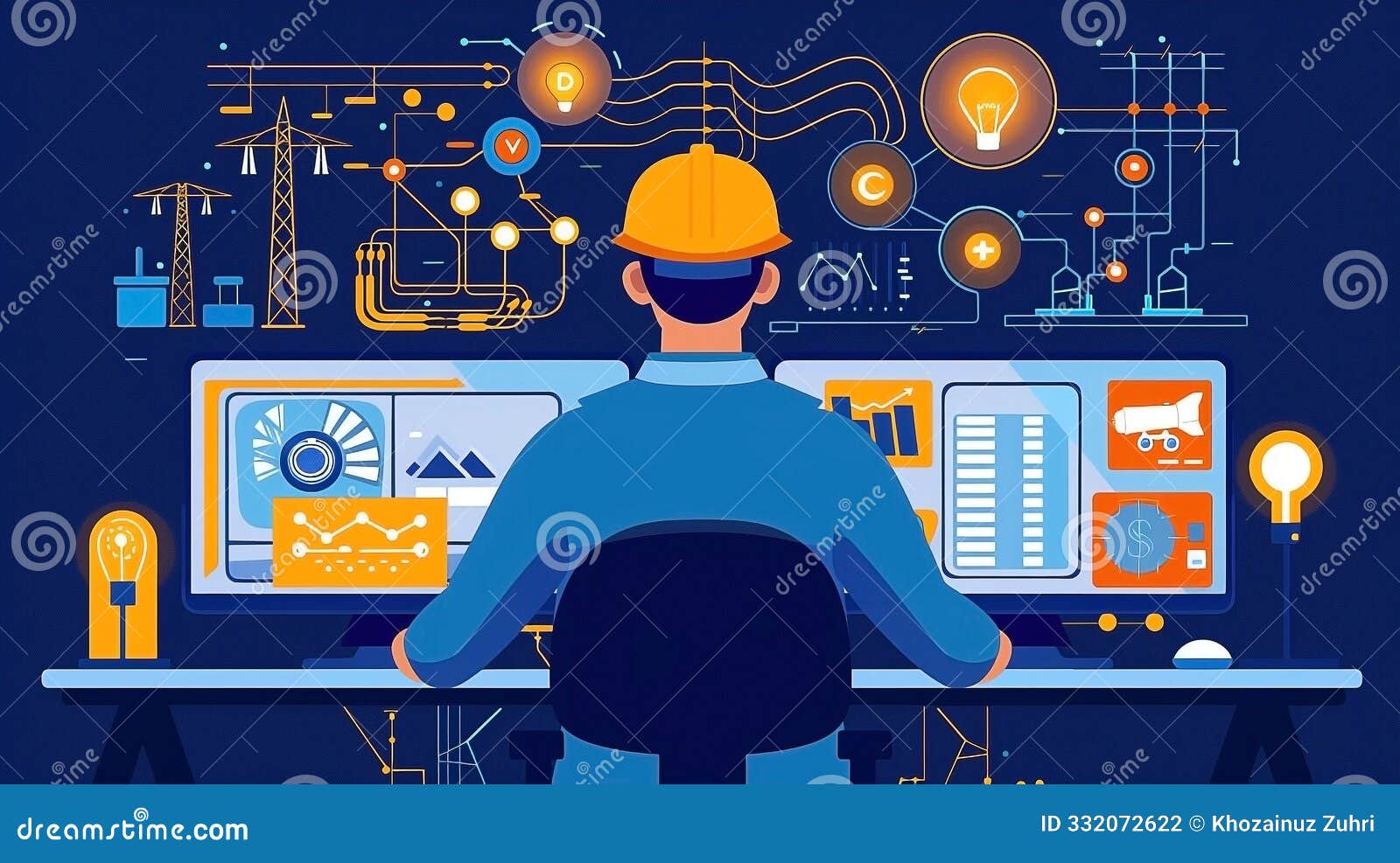 An Engineer Working on Multiple Computer Screens, Showing Management ...