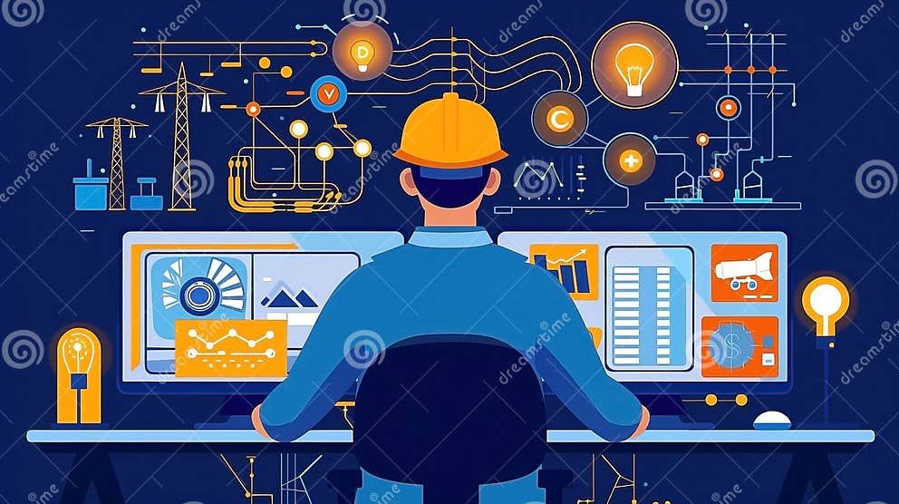 An Engineer Working on Multiple Computer Screens, Showing Management ...