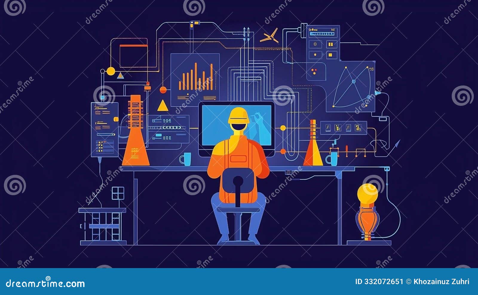 An Engineer Working on Multiple Computer Screens, Showing Management ...