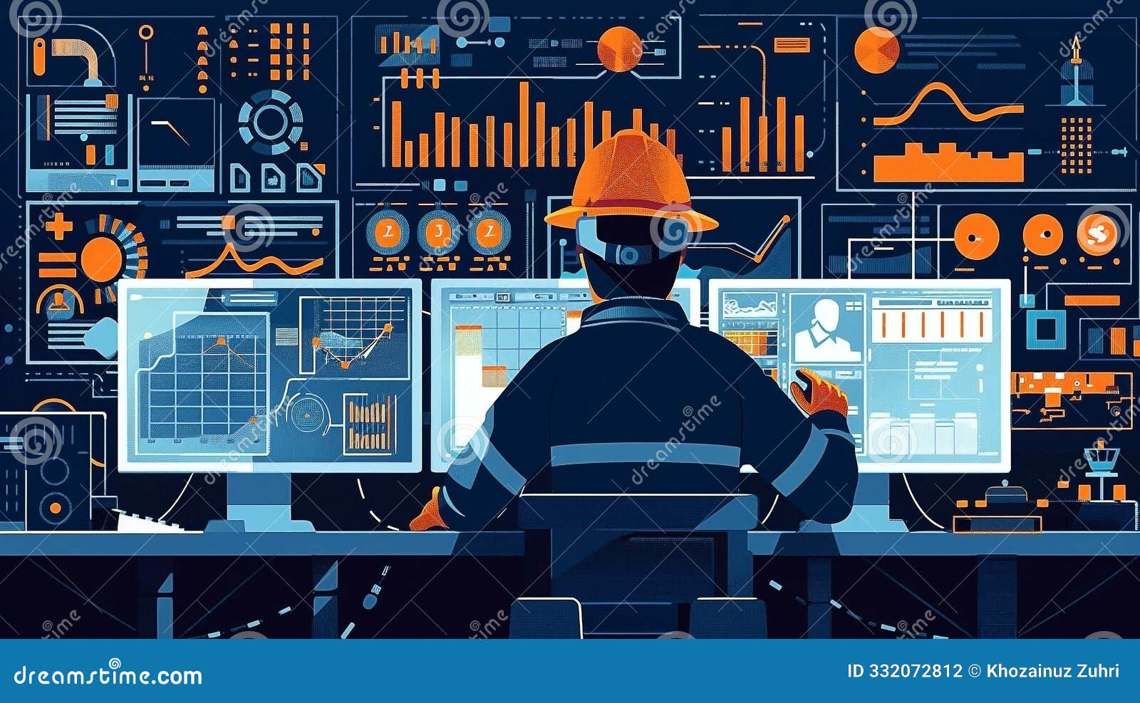 An Engineer Working on Multiple Computer Screens, Showing Management ...