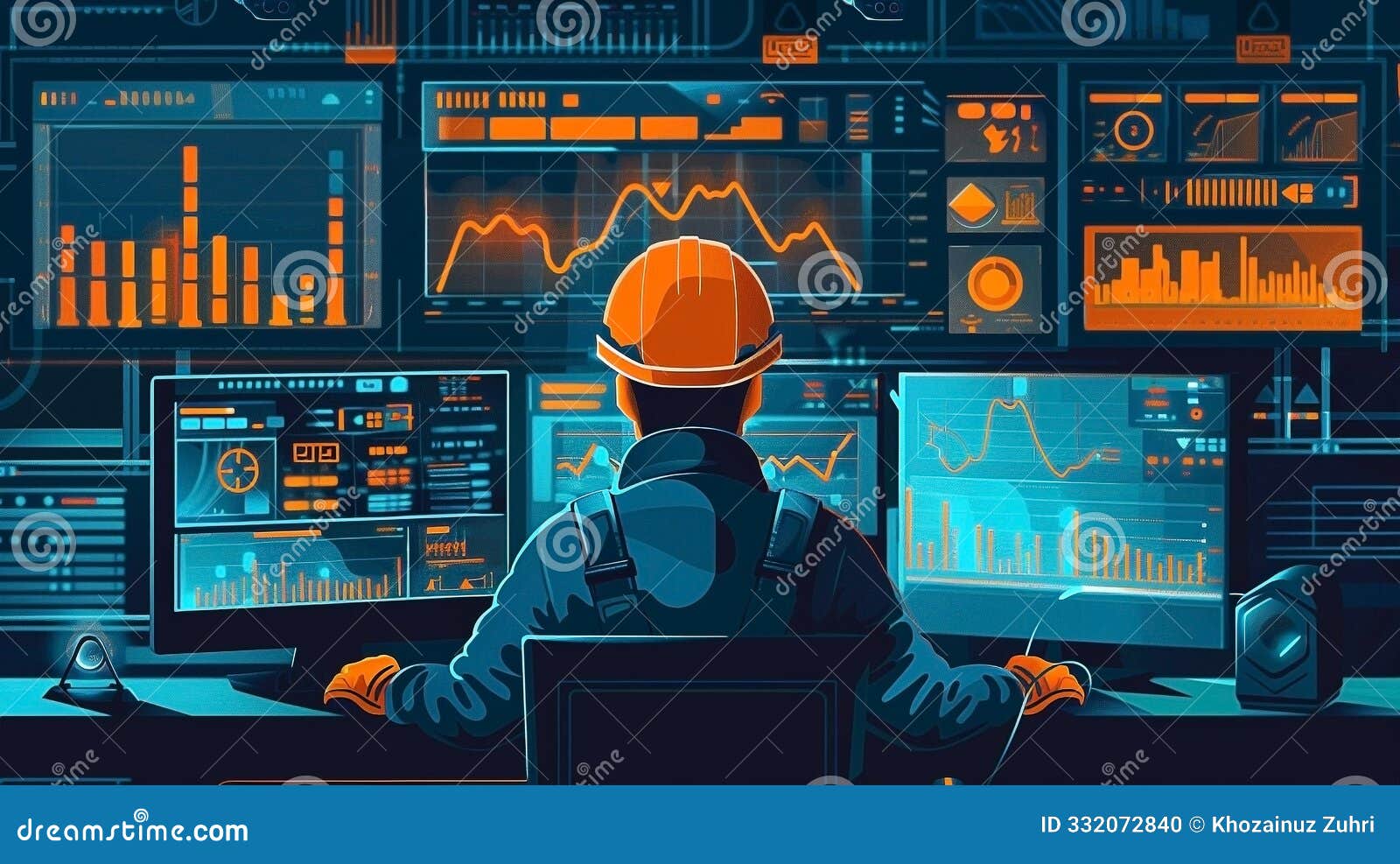 An Engineer Working on Multiple Computer Screens, Showing Management ...