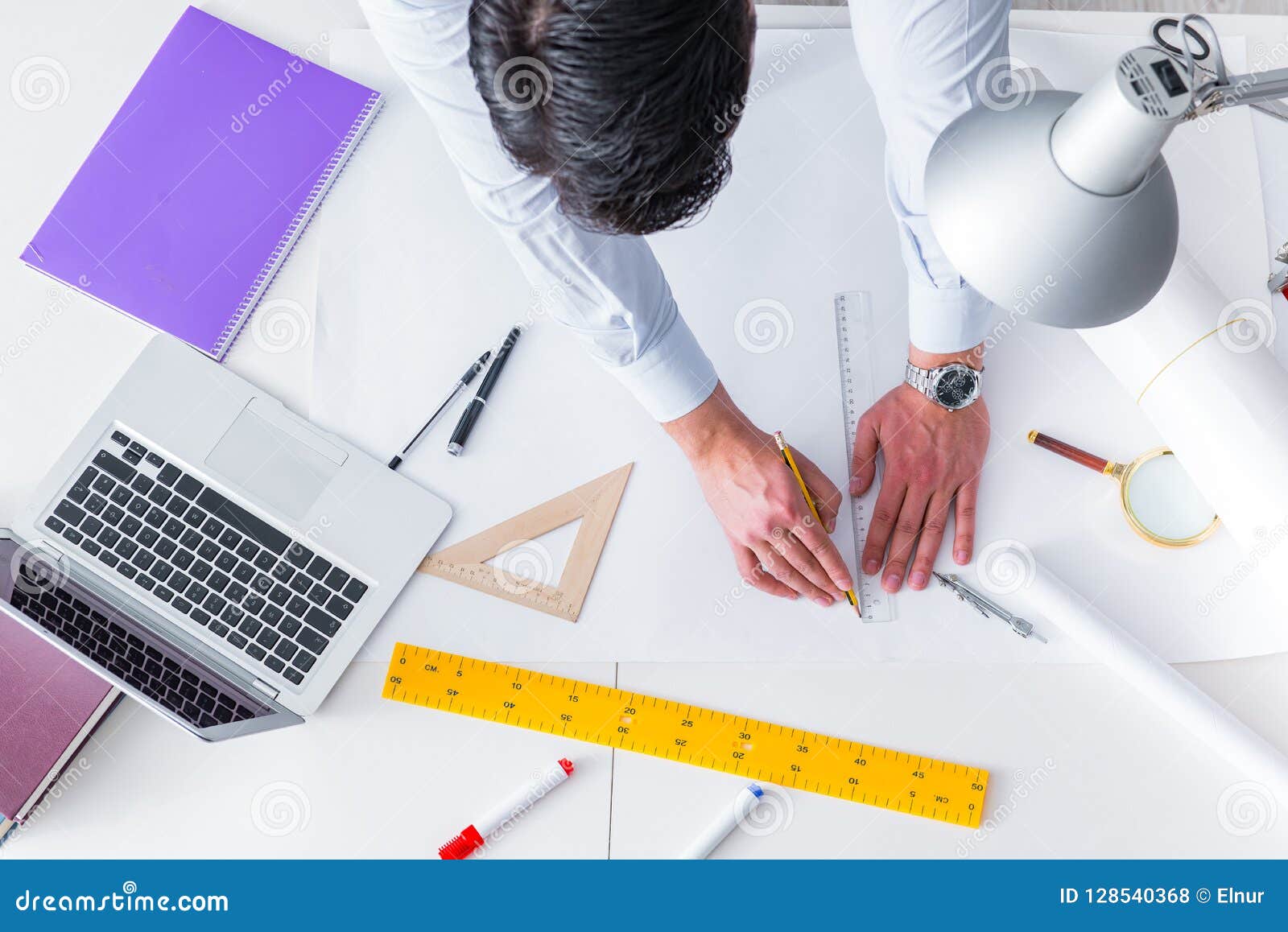 The Engineer Working on New Project Drawings Stock Photo - Image of ...