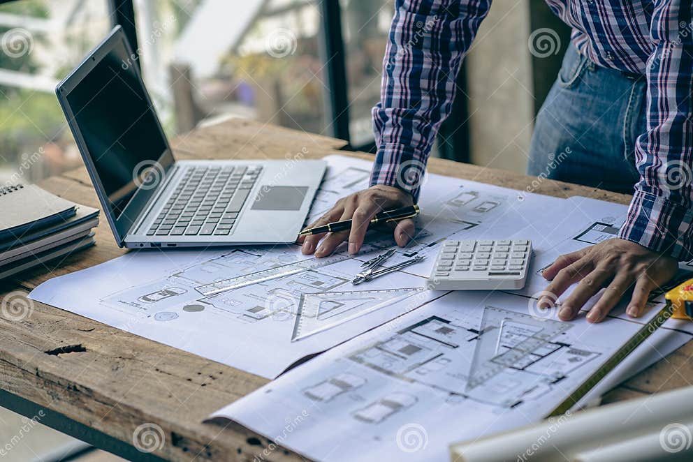 Engineer Working in Office Draw a Construction Project an Architect S ...