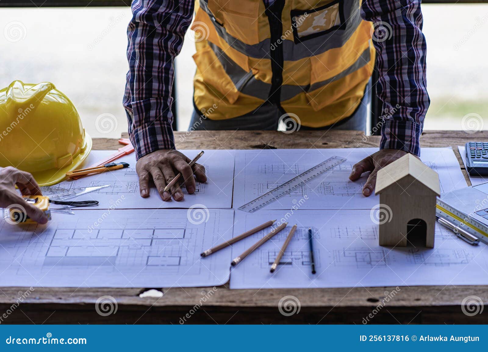 Engineer Working in Office Draw a Construction Project an Architect S ...