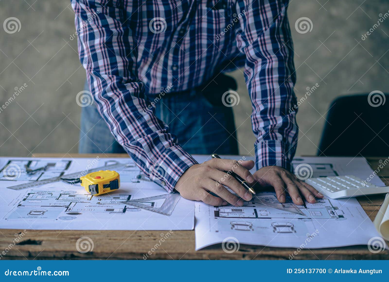 Engineer Working in Office Draw a Construction Project an Architect S ...