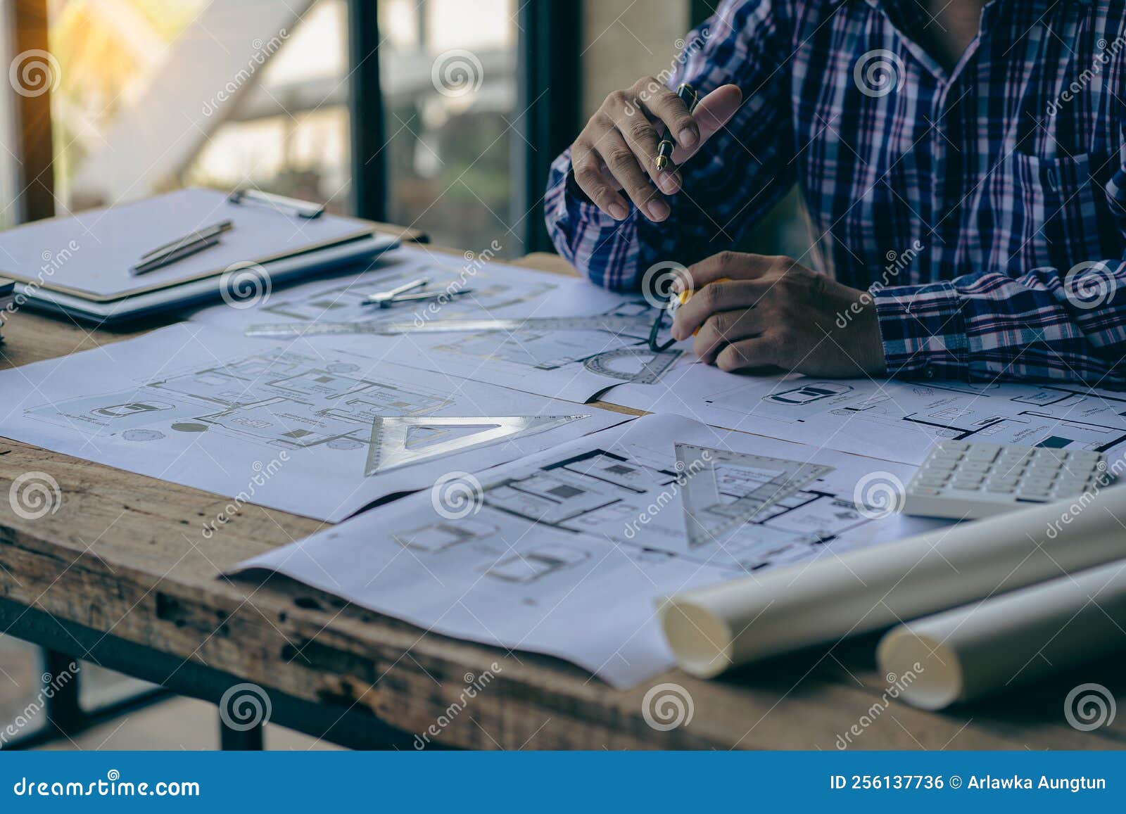 Engineer Working in Office Draw a Construction Project an Architect S ... Engineer Working in Office Draw a Construction Project an Architect S ...