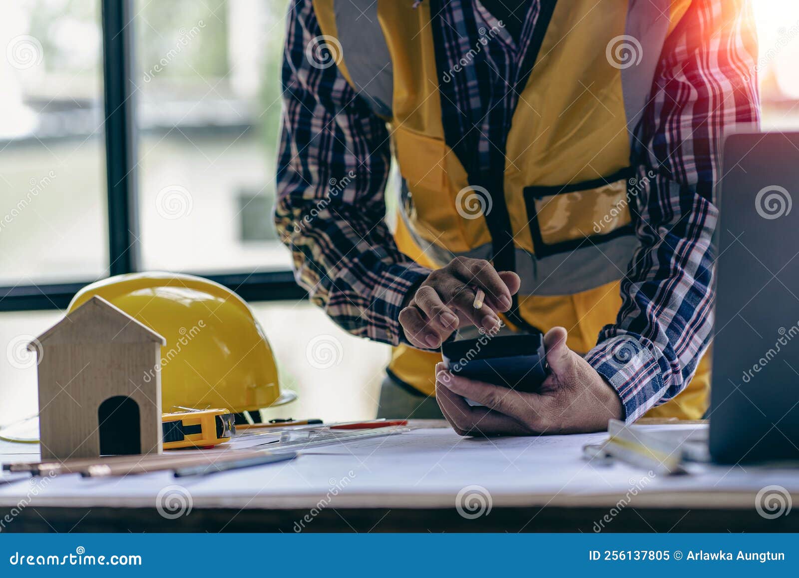 Engineer Working in Office Draw a Construction Project an Architect S ... Engineer Working in Office Draw a Construction Project an Architect S ...
