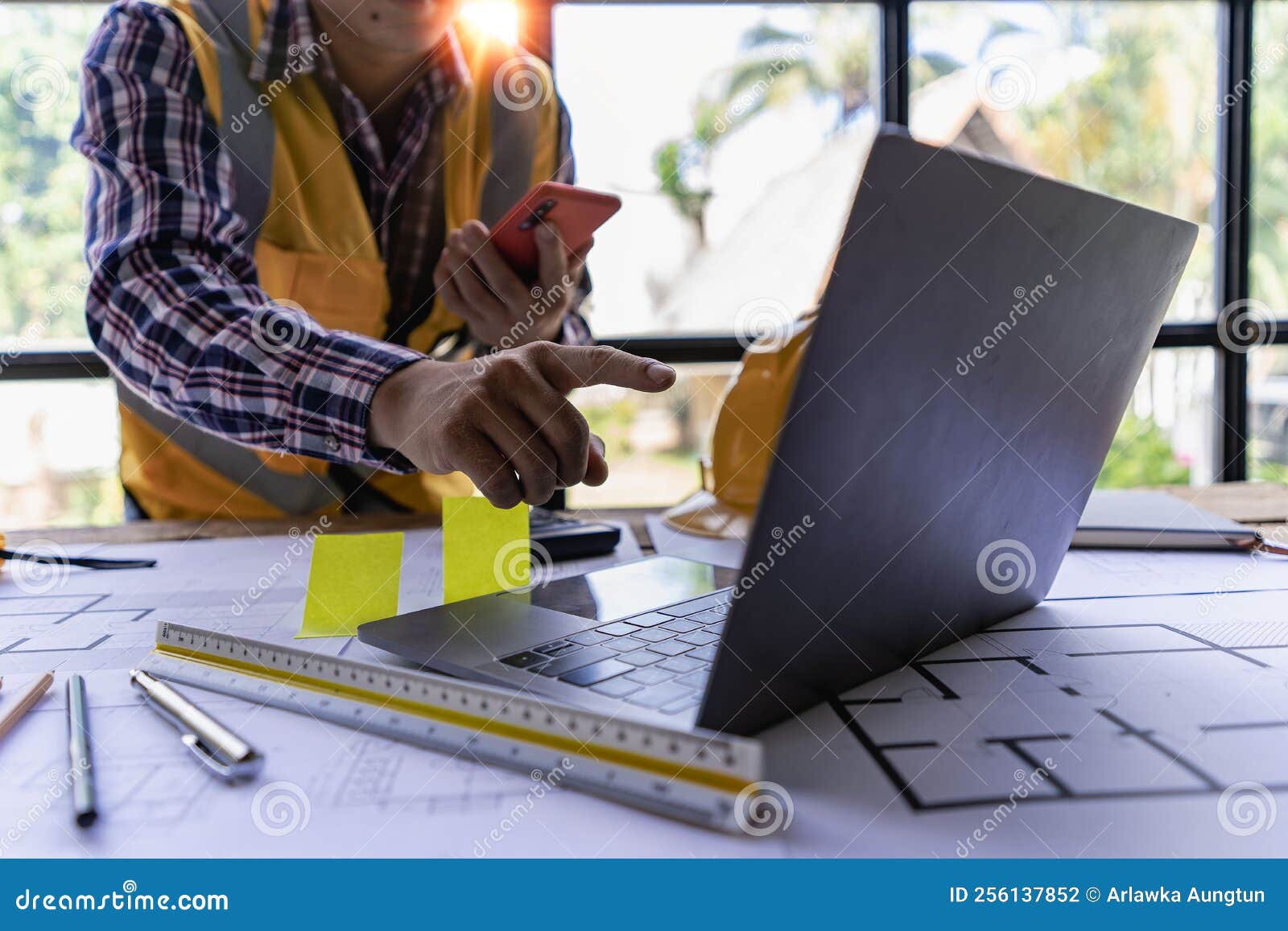 Engineer Working in Office Draw a Construction Project an Architect S ...