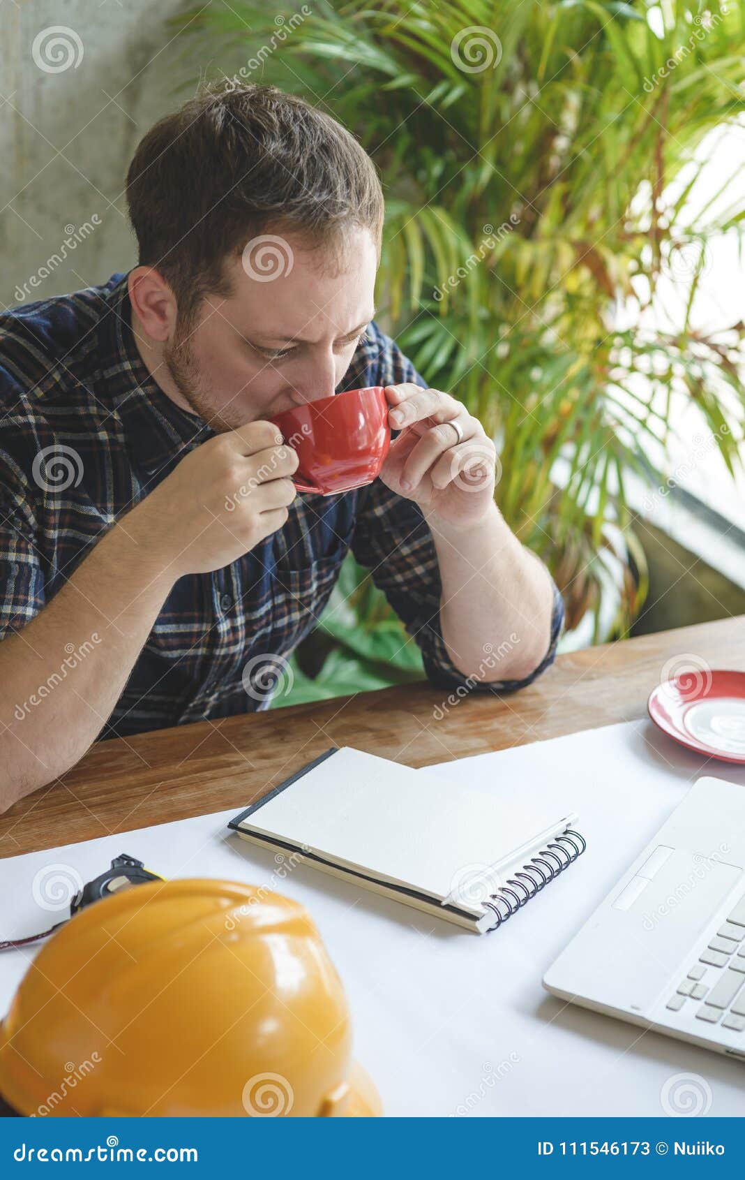 Engineer Working in Office and Drinking Coffee. Stock Image - Image of ...