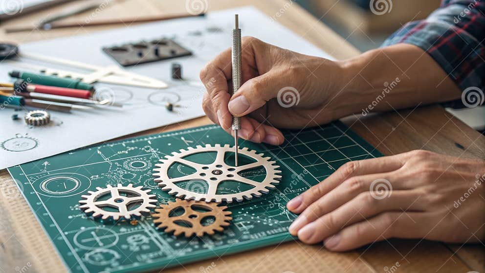 Engineer Designing Gears Using Blueprint and Tools on Cutting Mat Stock ...
