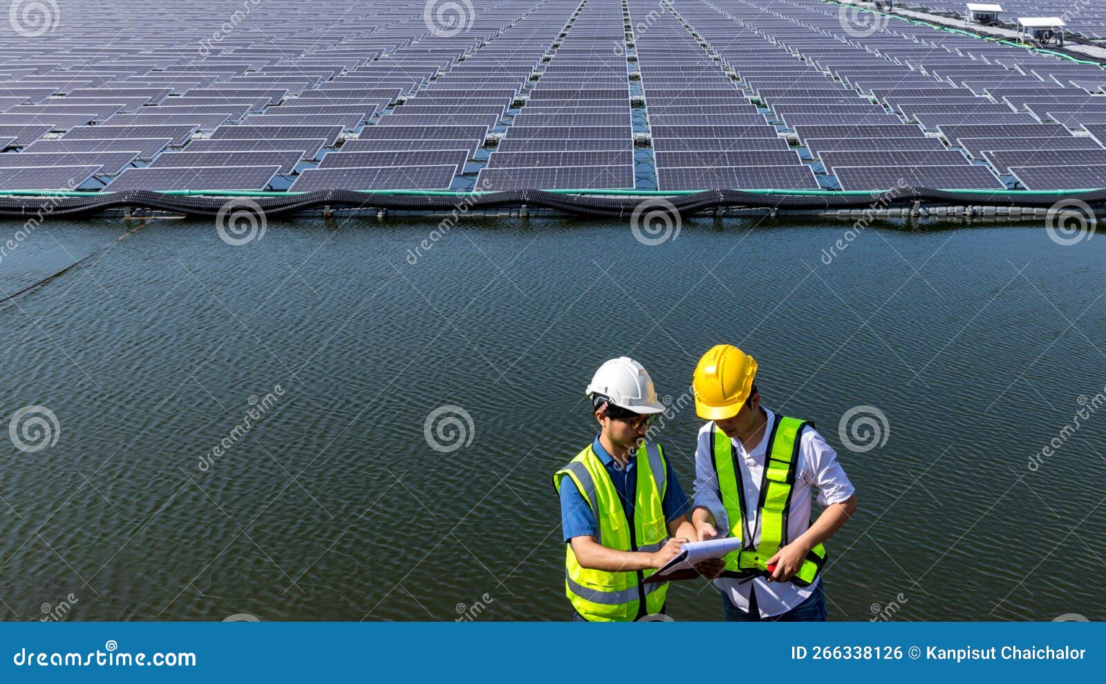 Engineer Working Setup Floating Solar Panels or Solar Cell Platform ...