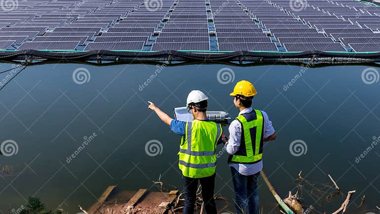 Engineer Working Setup Floating Solar Panels or Solar Cell Platform ...