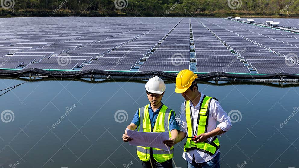 Engineer Working Setup Floating Solar Panels or Solar Cell Platform ...