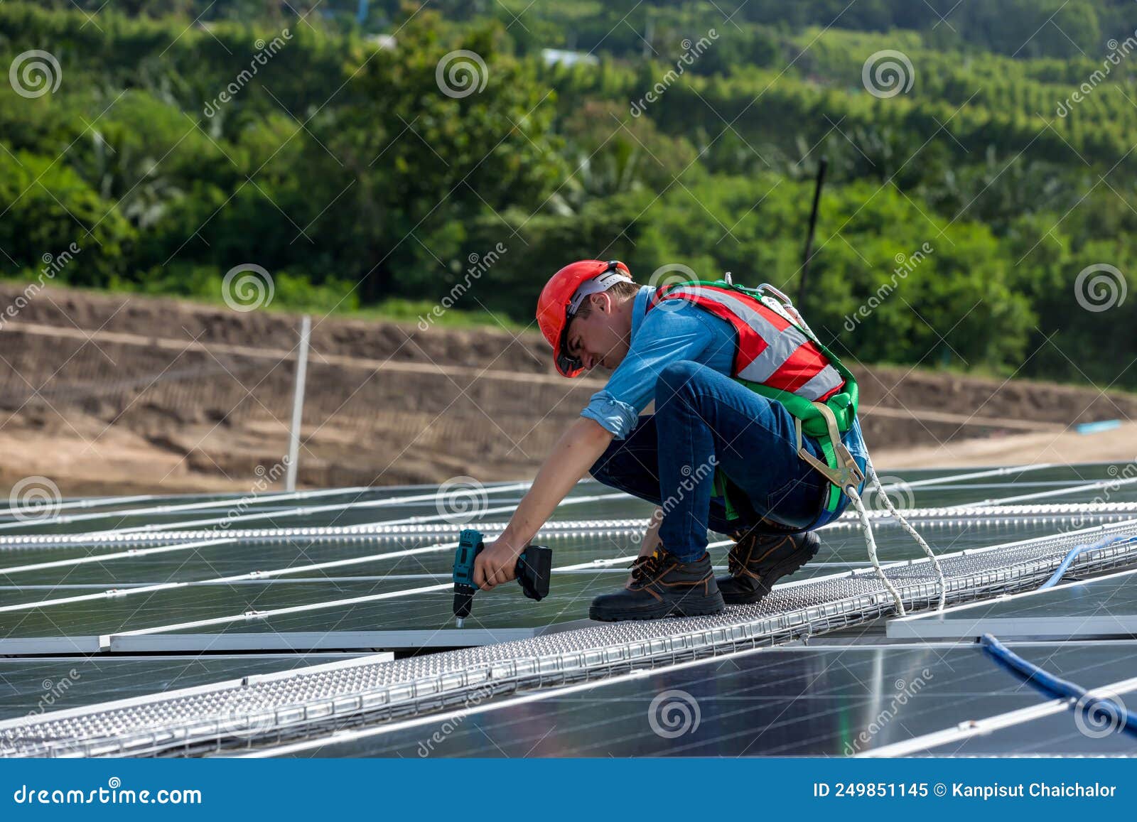 Engineer Working Setup Solar Panel at the Roof Top. Engineer or Worker ...