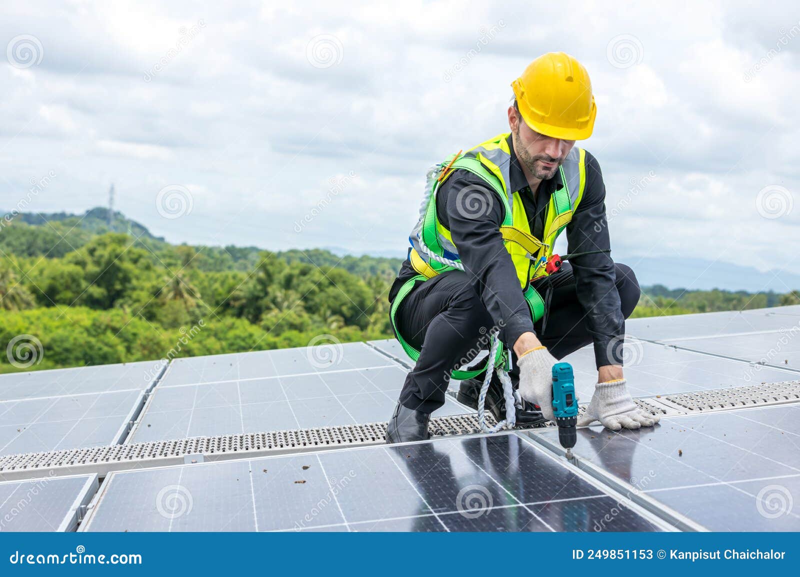 Engineer Working Setup Solar Panel at the Roof Top. Engineer or Worker ...