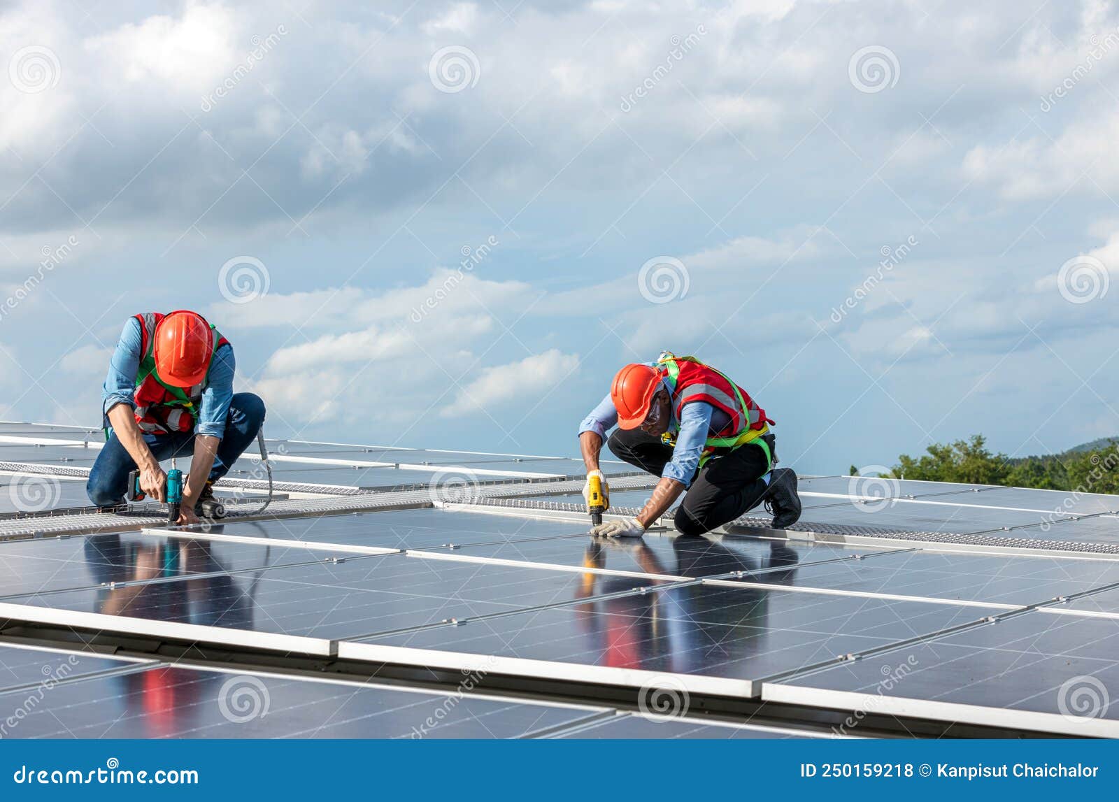 Engineer Working Setup Solar Panel at the Roof Top. Engineer or Worker ...