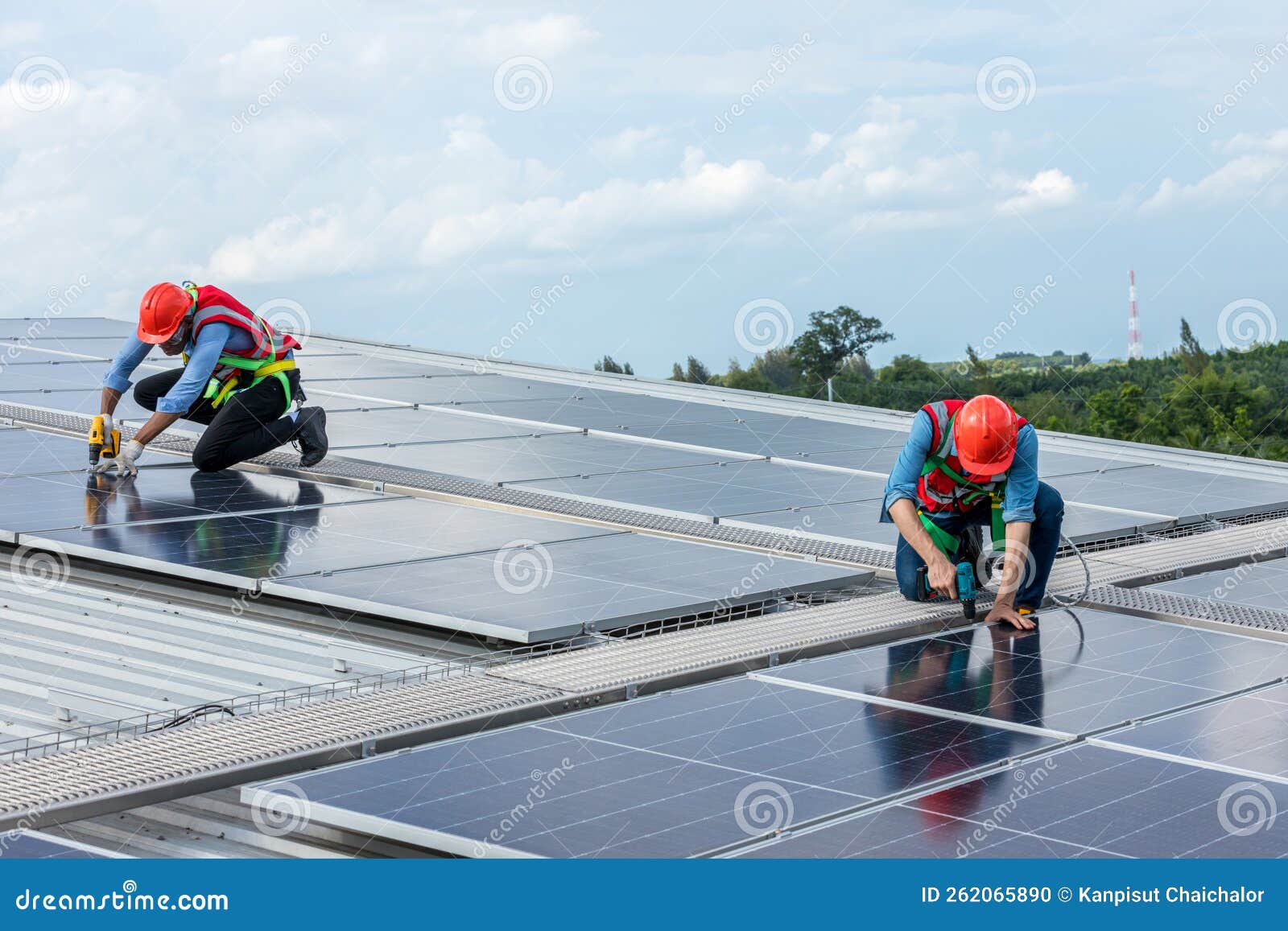 Engineer Working Setup Solar Panel at the Roof Top. Engineer or Worker ...