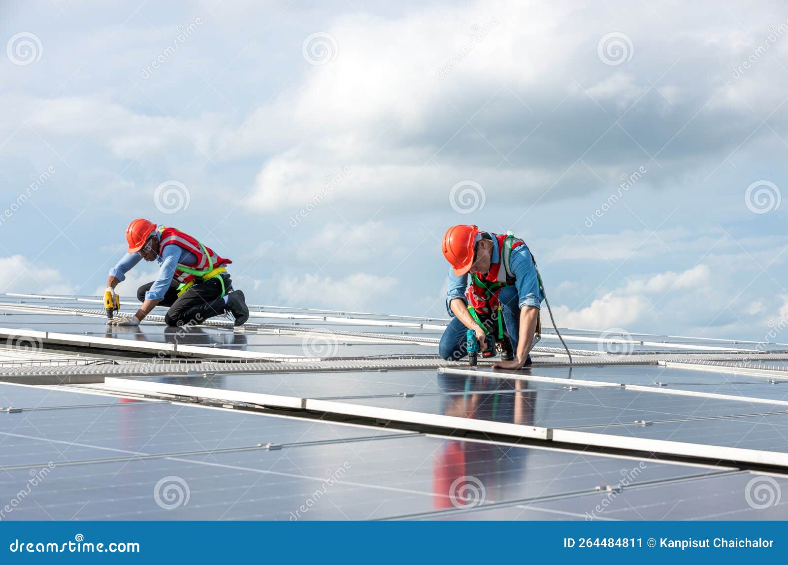 Engineer Working Setup Solar Panel at the Roof Top. Engineer or Worker ...