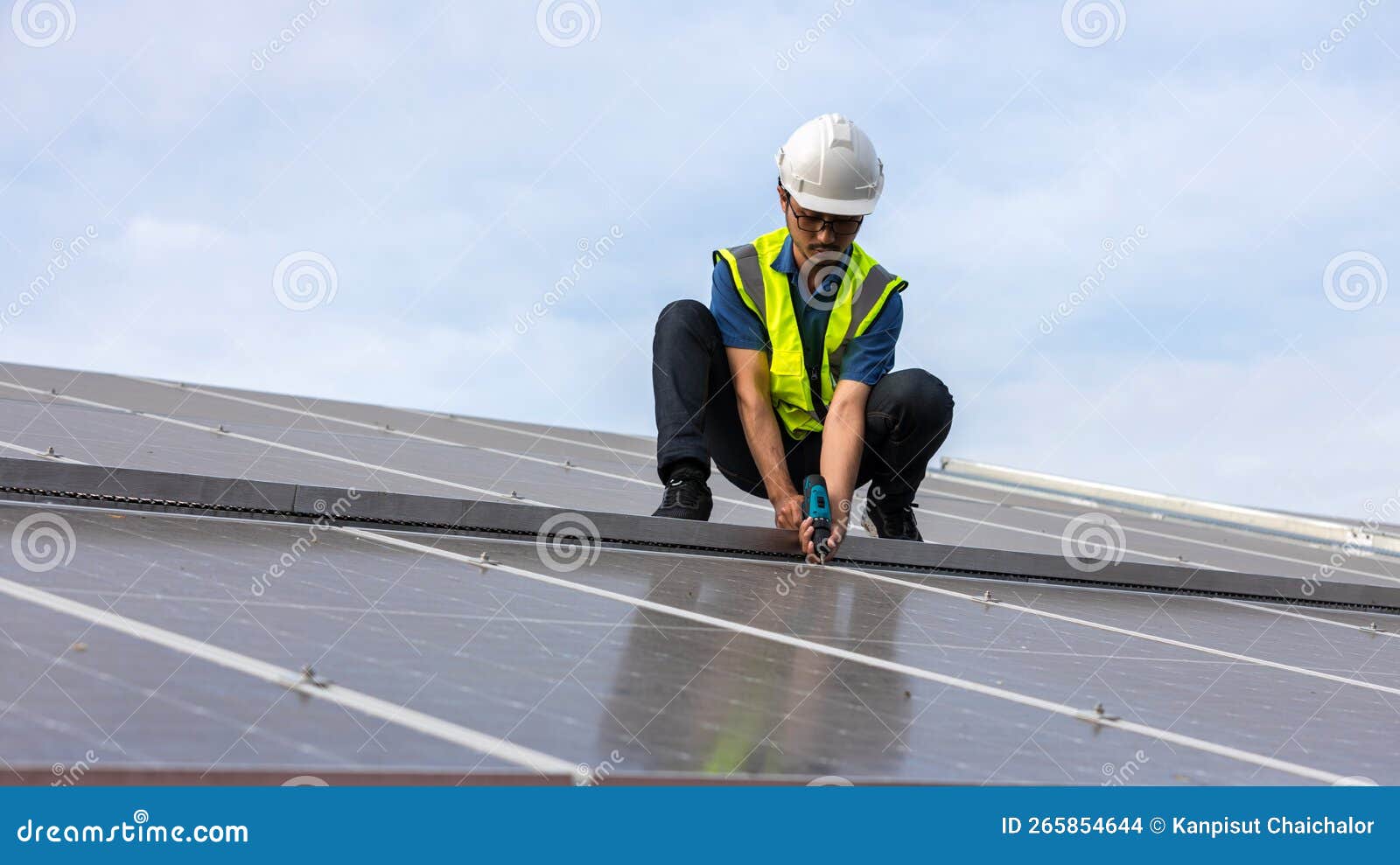 Engineer Working Setup Solar Panel at the Roof Top. Engineer or Worker ...