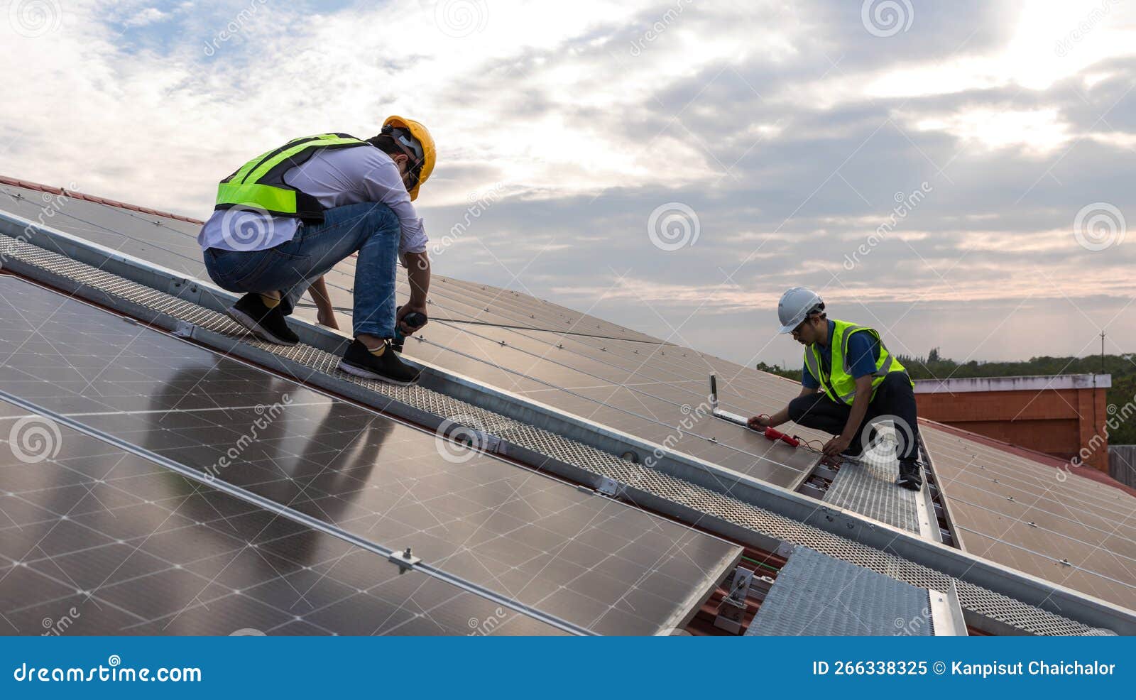 Engineer Working Setup Solar Panel at the Roof Top. Engineer or Worker ...