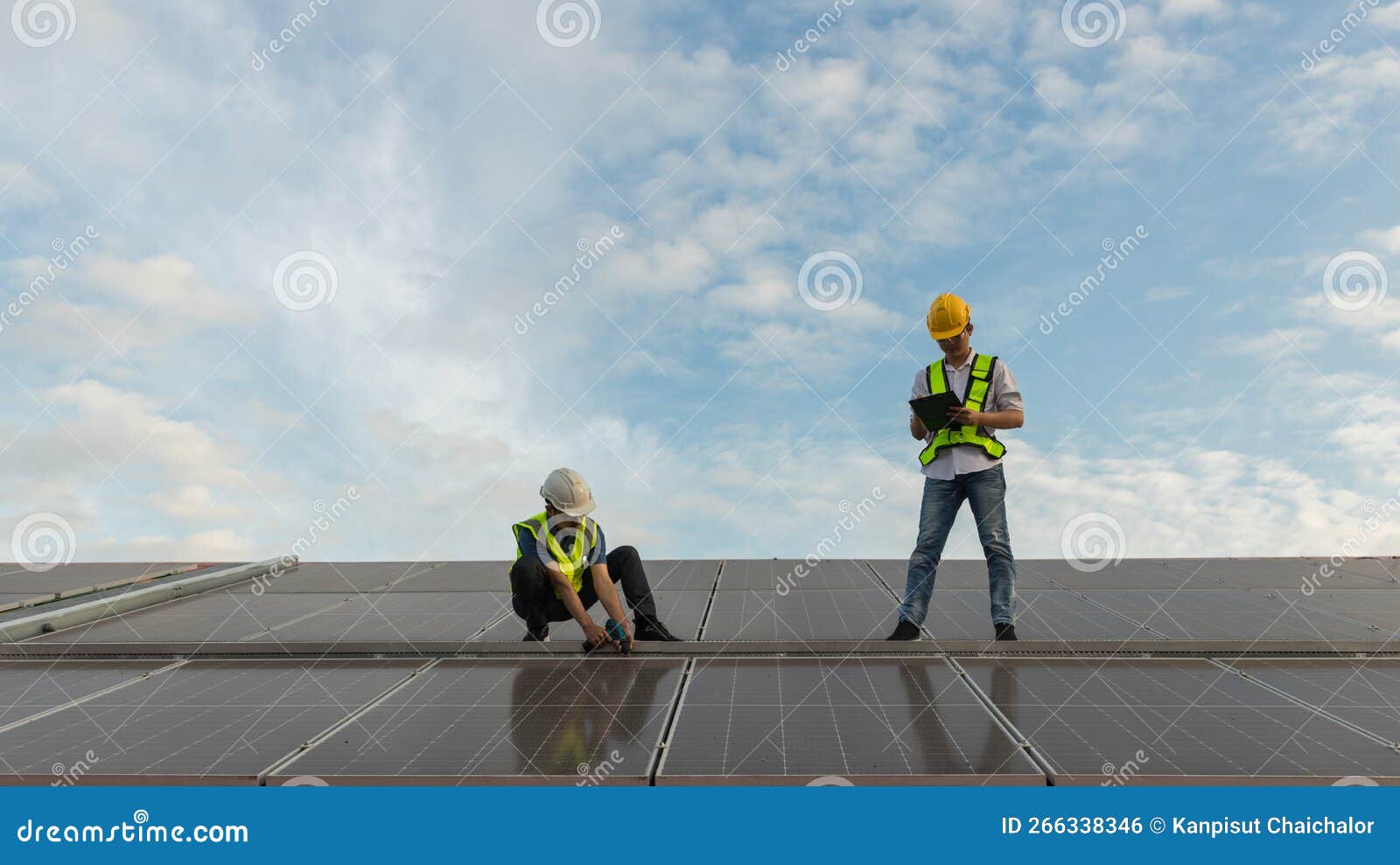 Engineer Working Setup Solar Panel at the Roof Top. Engineer or Worker ...