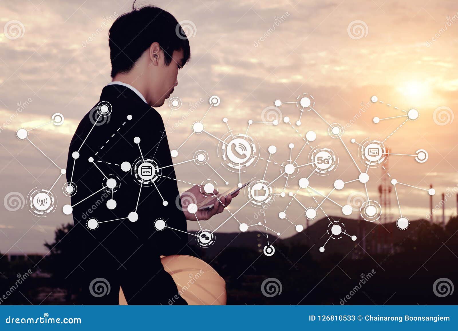 Engineer is Working with Smart Phone on Large Industry Background ...