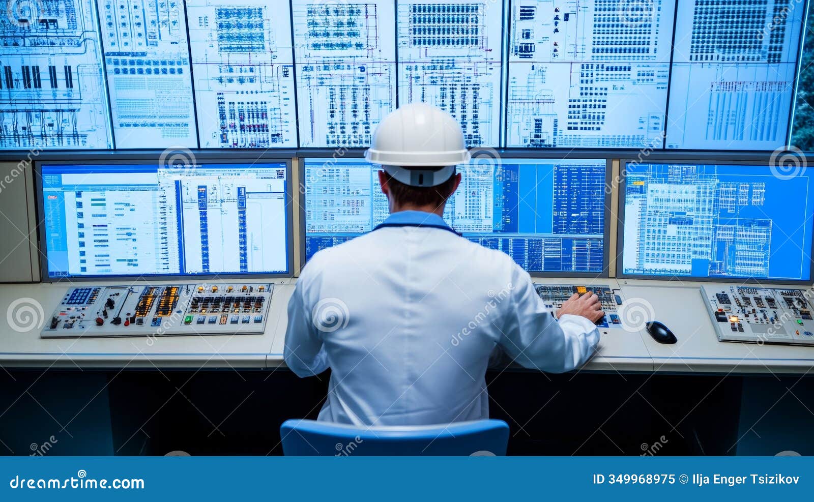 Engineer Working in System Control Room, Monitoring Power Electrical ...