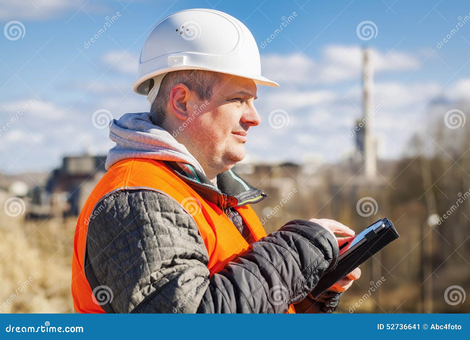 Engineer Working with Tablet PC Near Factory Stock Image - Image of ...