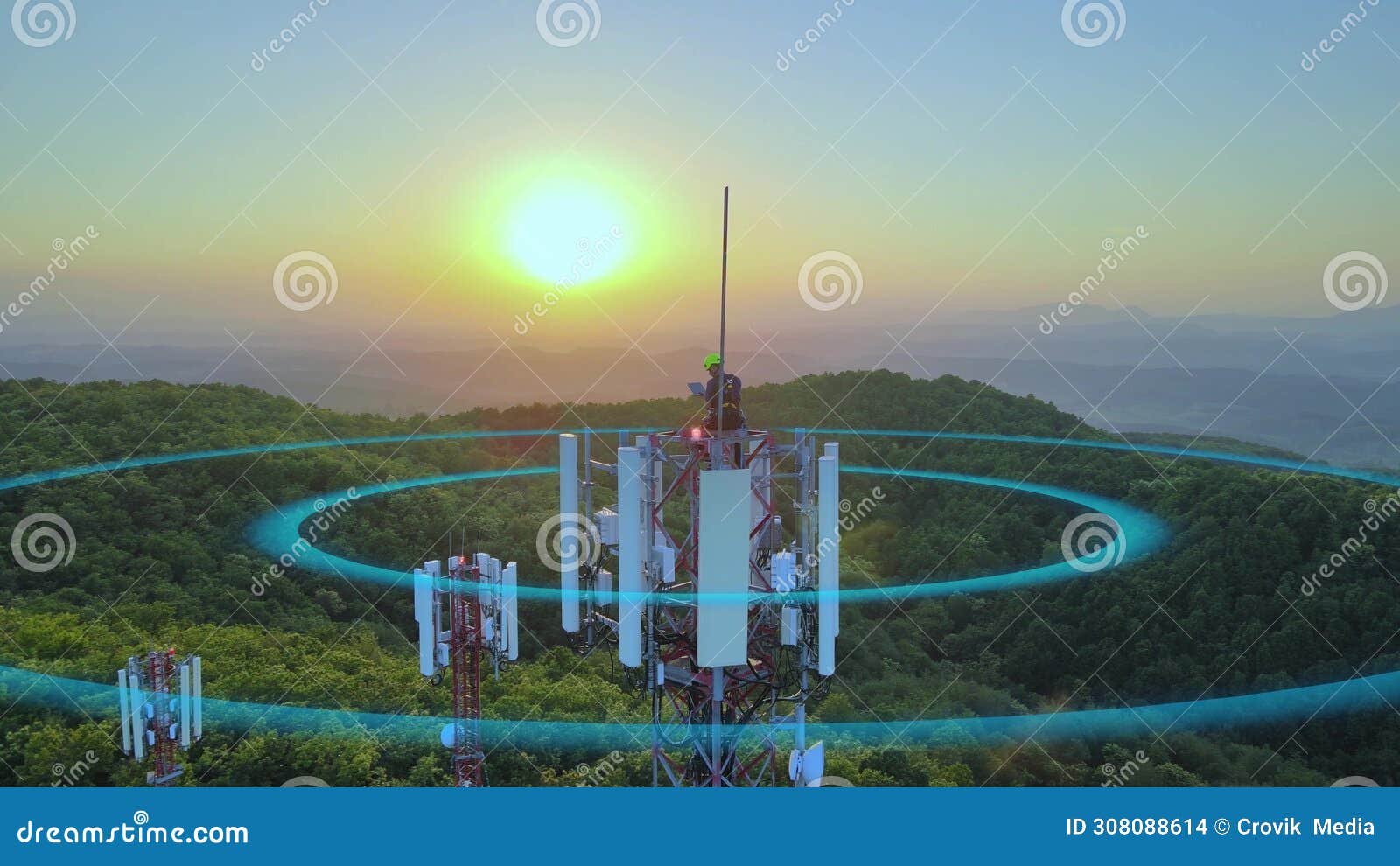 Engineer Working on Telecommunication Tower. Radiation Waves from ...