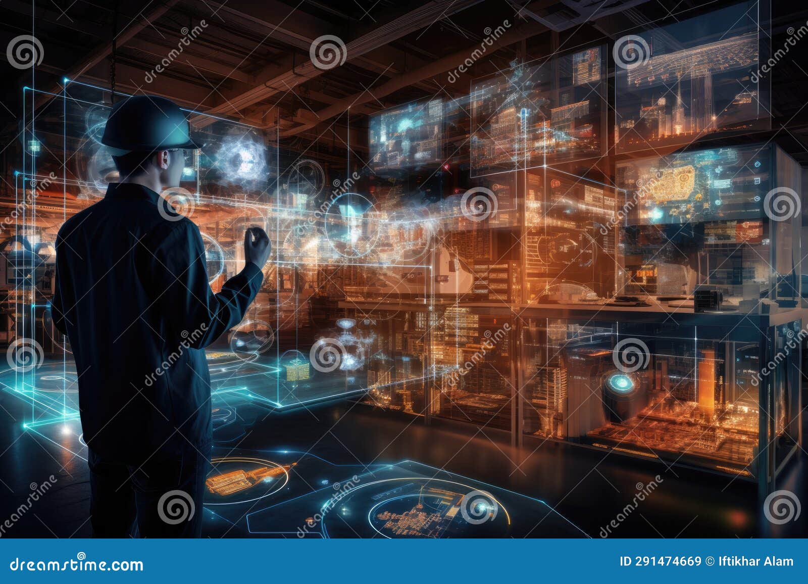 Engineer Working with Virtual Panel Interface. Mixed Media. Mixed Media ...